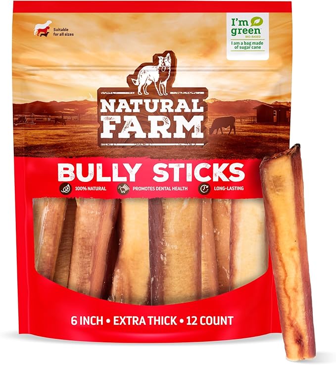 Natural Farm Odor Free Jumbo Bully Sticks (6 Inch, 12 Pack), Extra-Thi ...